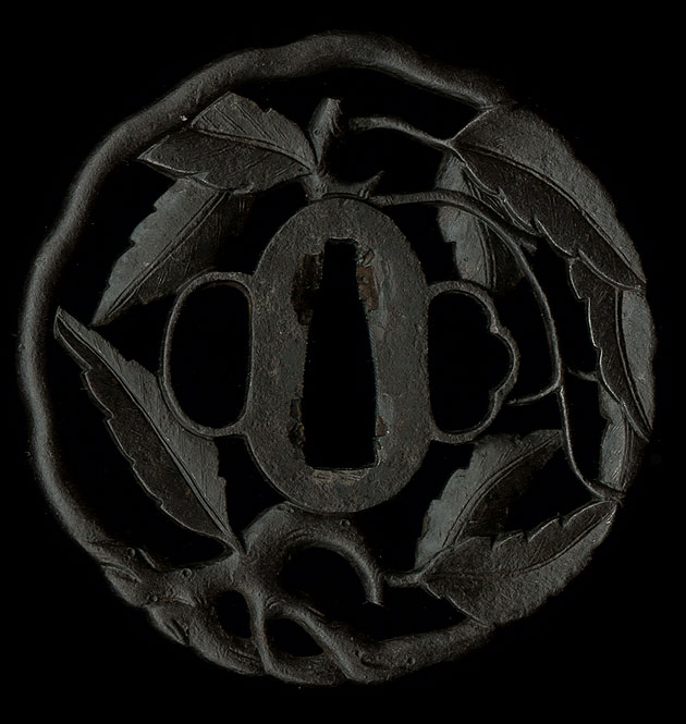 Japanese Sword Tsuba Sale - Large Iron Sukashi Tsuba Leaves w/Canted Rim